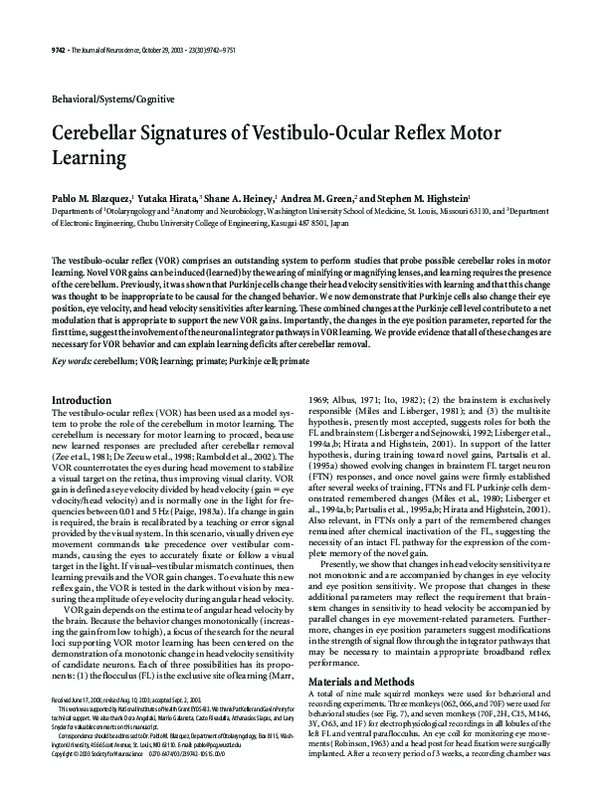 (PDF) Cerebellar Signatures of Vestibulo-Ocular Reflex Motor Learning