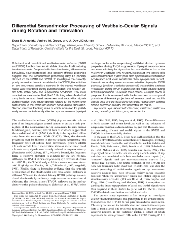 (PDF) Differential Sensorimotor Processing of Vestibulo-Ocular Signals during Rotation and ...