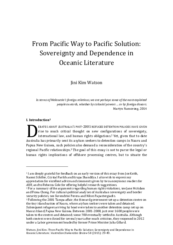 (PDF) Watson, Jini Kim. 'From Pacific Way to Pacific Solution: Sovereignty and Dependence in ...