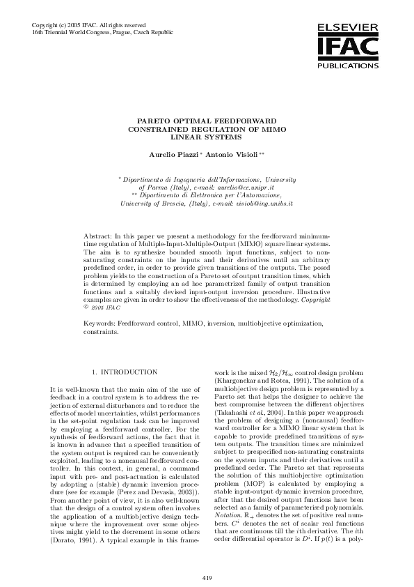 (PDF) Pareto optimal feedforward constrained regulation of MIMO linear systems