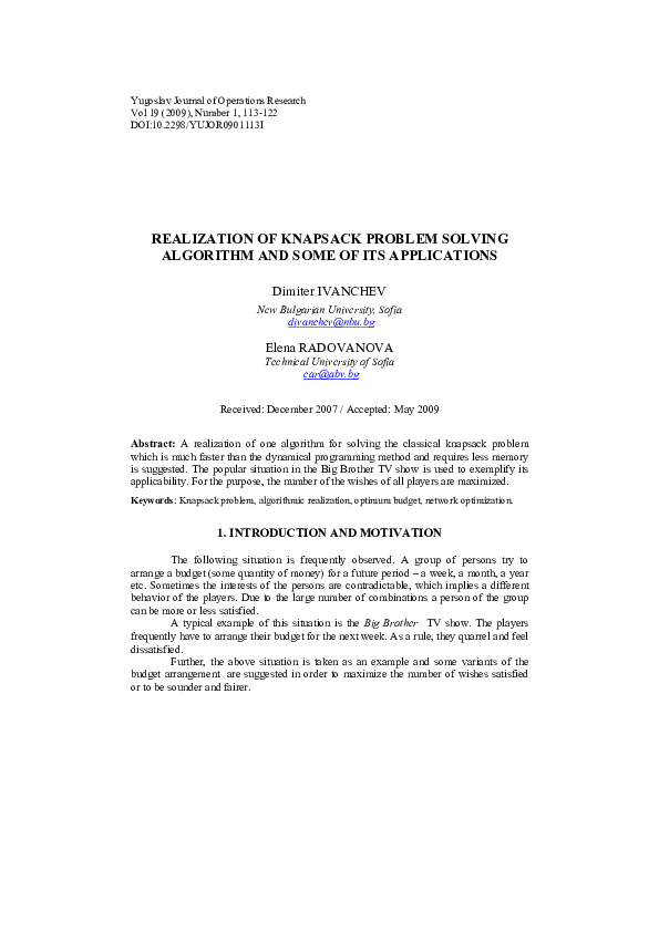 Pdf Realization Of Knapsack Problem Solving Algorithm And Some Of Its Applications