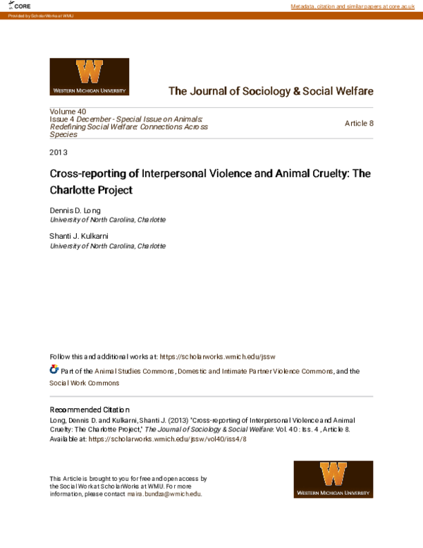 (PDF) Cross-reporting of Interpersonal Violence and Animal Cruelty: The Charlotte Project ...