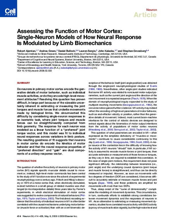 Pdf Assessing The Function Of Motor Cortex Single Neuron Models Of How Neural Response Is