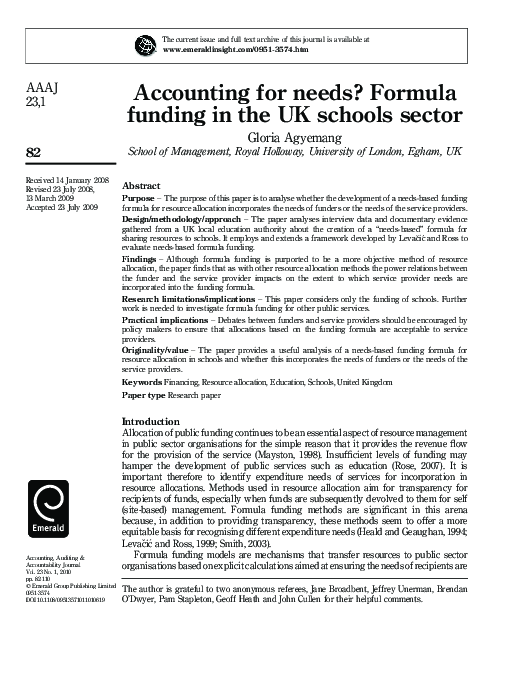 (PDF) Accounting for needs? Formula funding in the UK schools sector