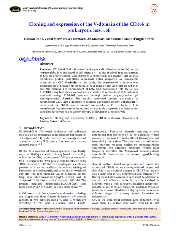 (PDF) Cloning and expression of the V-domain of the CD166 in prokaryotic host cell