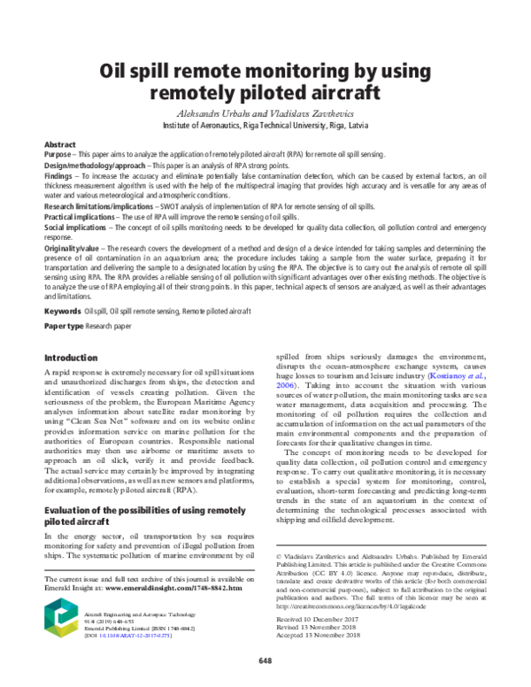 (PDF) Oil spill remote monitoring by using remotely piloted aircraft