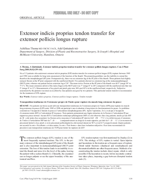 (PDF) Tendon Transfer for EPL Rupture Repair