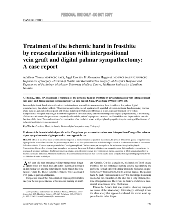 (PDF) Treatment of the ischemic hand in frostbite by revascularization ...