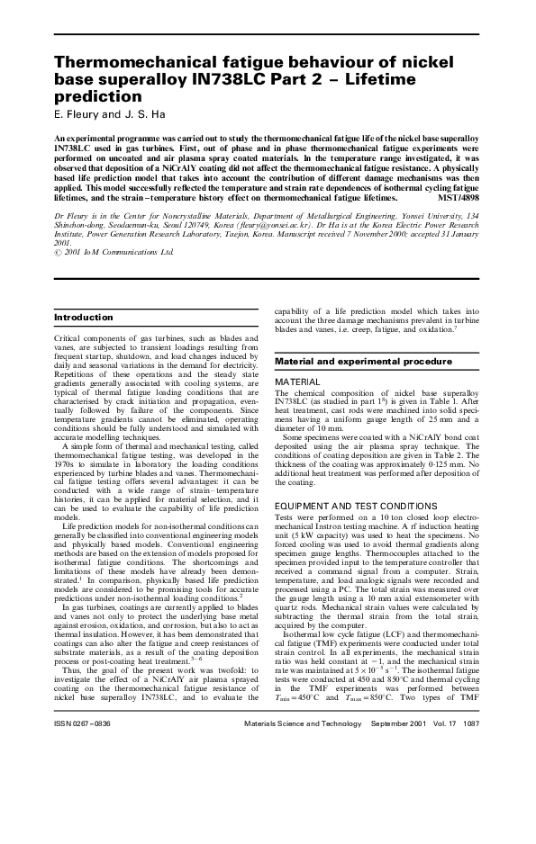 (PDF) Thermomechanical fatigue behaviour of nickel base superalloy IN738LC Part 2 – Lifetime ...