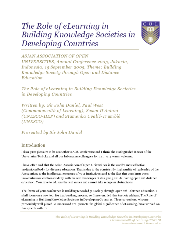 (PDF) The Role of eLearning in Building Knowledge Societies in Developing Countries
