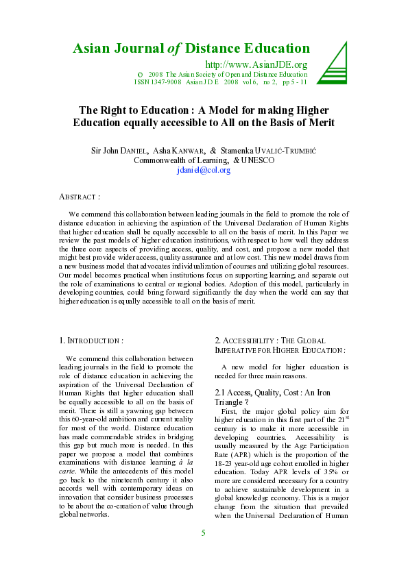 (PDF) The Right to Education : A Model for making Higher Education ...