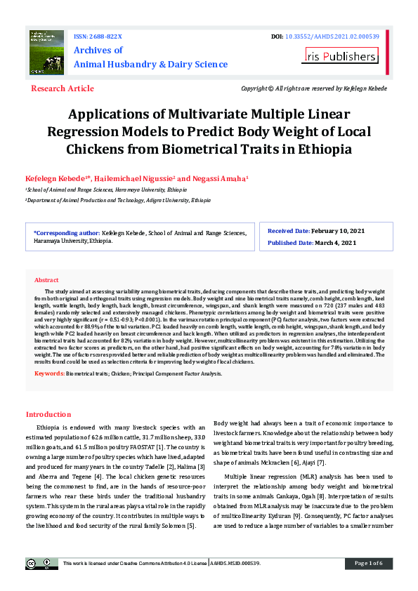 (PDF) Applications of Multivariate Multiple Linear Regression Models to Predict Body Weight of ...