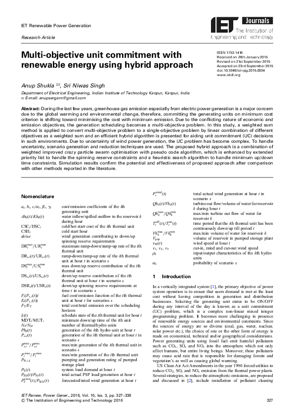 (PDF) Multi‐objective unit commitment with renewable energy using hybrid approach