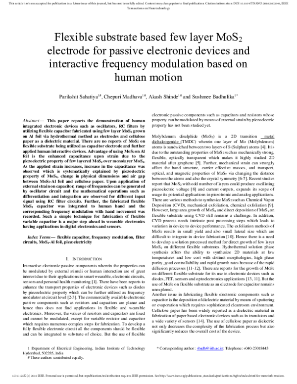 (PDF) Flexible Substrate Based Few Layer MoS2 Electrode for Passive Electronic Devices and ...