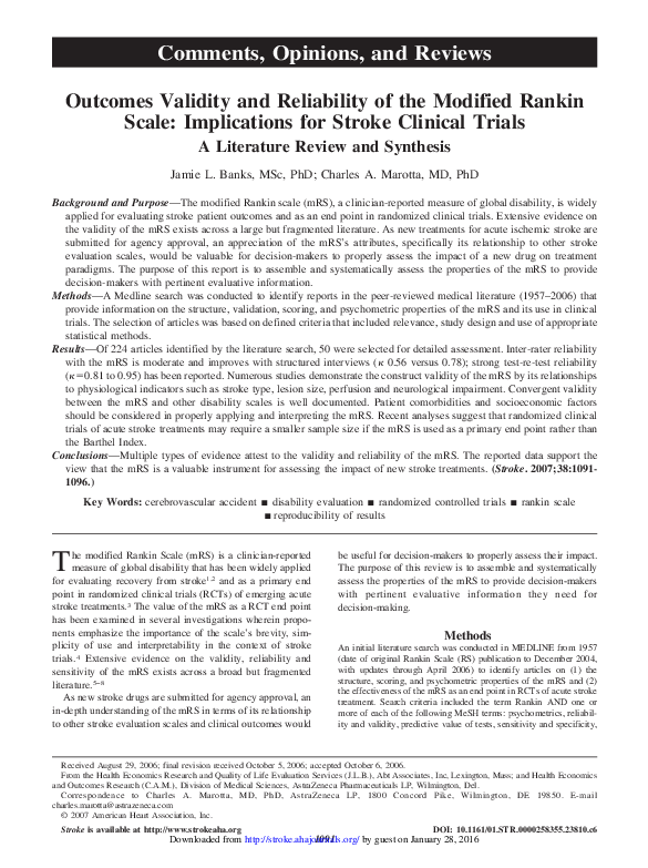 (PDF) Outcomes Validity and Reliability of the Modified Rankin Scale: Implications for Stroke ...