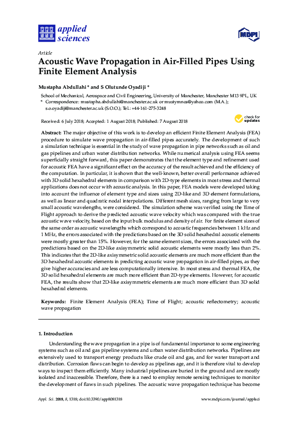 Pdf Acoustic Wave Propagation In Air Filled Pipes Using Finite Element Analysis