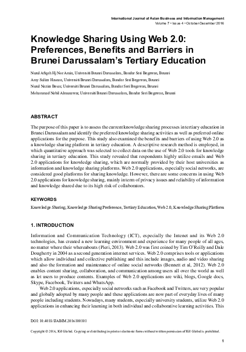 (PDF) Knowledge Sharing Using Web 2.0: Preferences, Benefits and Barriers in Brunei Darussalam's ...