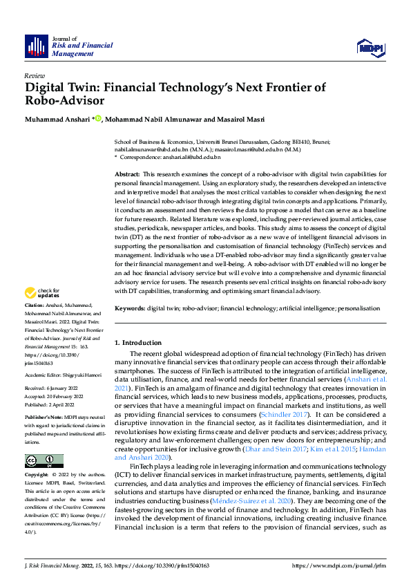 (PDF) Digital Twin: Financial Technology’s Next Frontier of Robo-Advisor