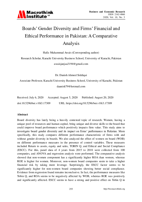 (PDF) Boards’ Gender Diversity and Firms’ Financial and Ethical Performance in Pakistan: A ...