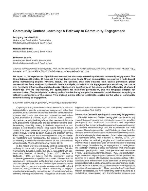 (PDF) Community Centred Learning: A Pathway to Community Engagement