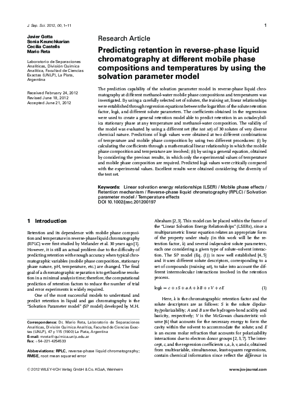 (PDF) Predicting retention in reverse-phase liquid chromatography at different mobile phase ...