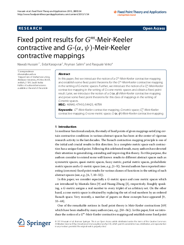 (PDF) Fixed point results for G m -Meir-Keeler contractive and G - ( α ...