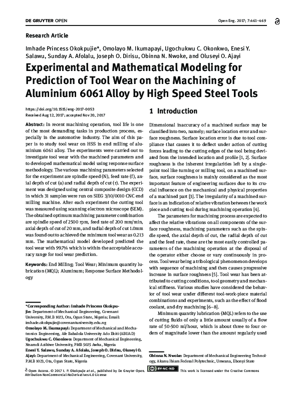 Pdf Experimental And Mathematical Modeling For Prediction Of Tool