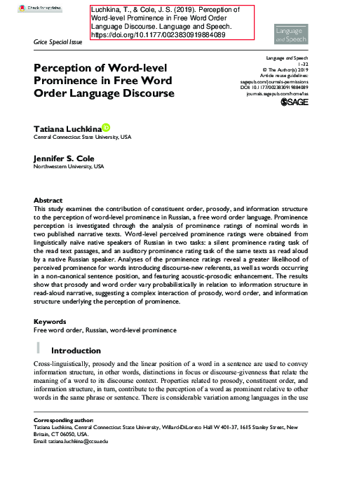 (PDF) Perception of Word-level Prominence in Free Word Order Language ...