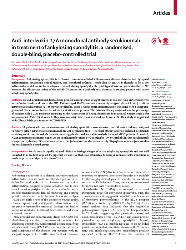 (PDF) Anti-interleukin-17A monoclonal antibody secukinumab in treatment of ankylosing ...