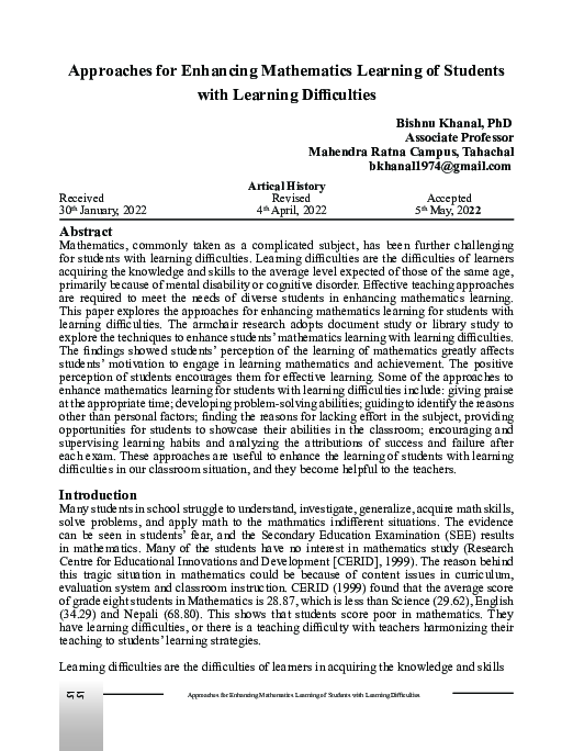 (PDF) Approaches for Enhancing Mathematics Learning of Students with ...
