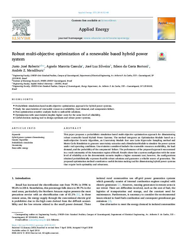 Pdf Robust Multi Objective Optimization Of A Renewable Based Hybrid Power System Agnelo M