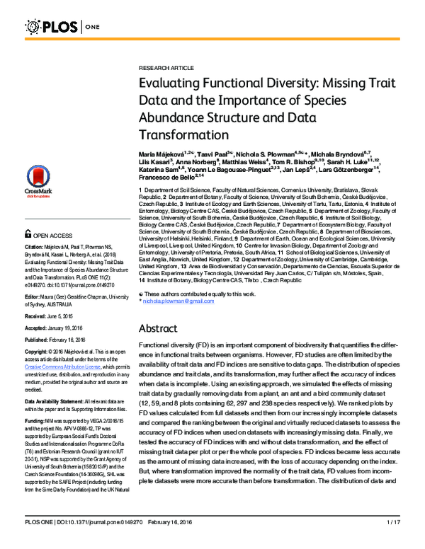Pdf Evaluating Functional Diversity Missing Trait Data And The Importance Of Species