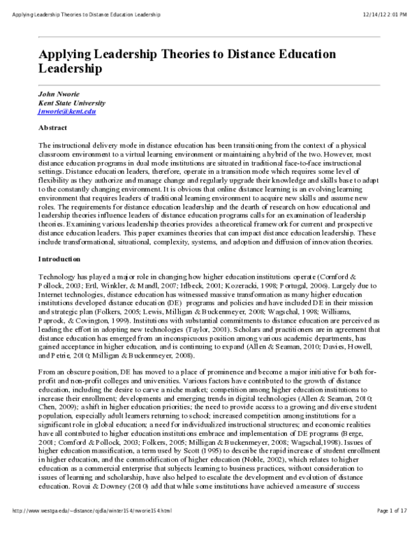(PDF) Applying Leadership Theories to Distance Education Leadership