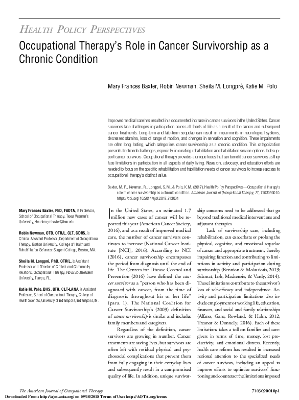 (PDF) Occupational Therapy’s Role in Cancer Survivorship as a Chronic ...