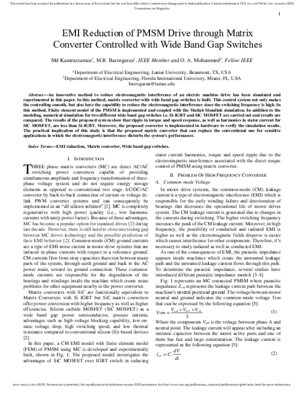 (PDF) EMI Reduction of PMSM Drive Through Matrix Converter Controlled ...