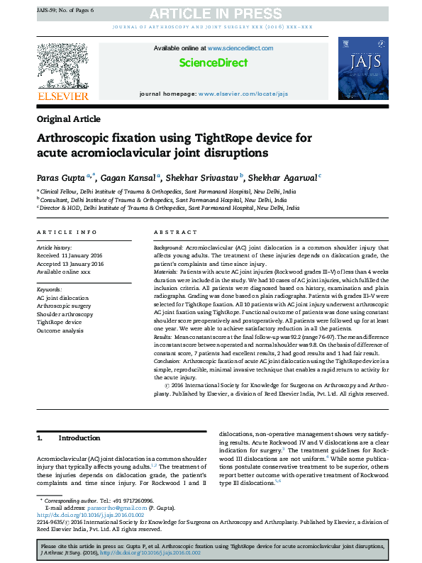 (PDF) Arthroscopic fixation using TightRope device for acute ...
