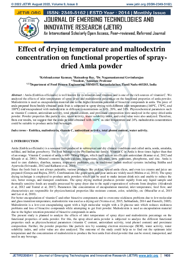 (PDF) Effect of drying temperature and maltodextrin concentration on functional properties of ...