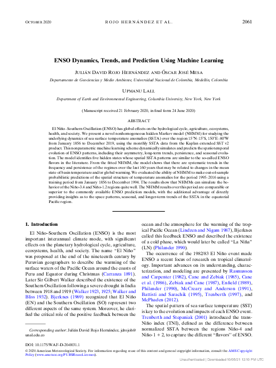 (PDF) ENSO Dynamics, Trends, and Prediction Using Machine Learning