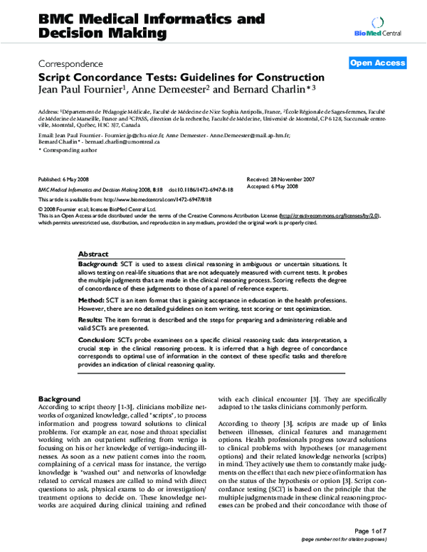 Pdf Script Concordance Tests Guidelines For Construction