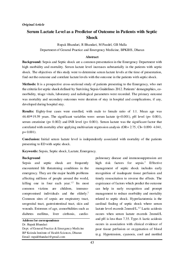 (PDF) Serum Lactate Level as a Predictor of Outcome in Patients with ...