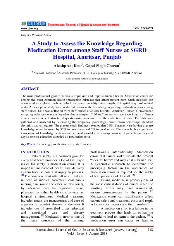 (PDF) A Study to Assess the Knowledge Regarding Medication Error among ...