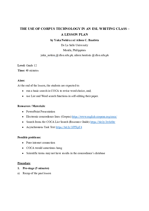 (PDF) THE USE OF CORPUS TECHNOLOGY IN AN ESL WRITING CLASS -A LESSON PLAN