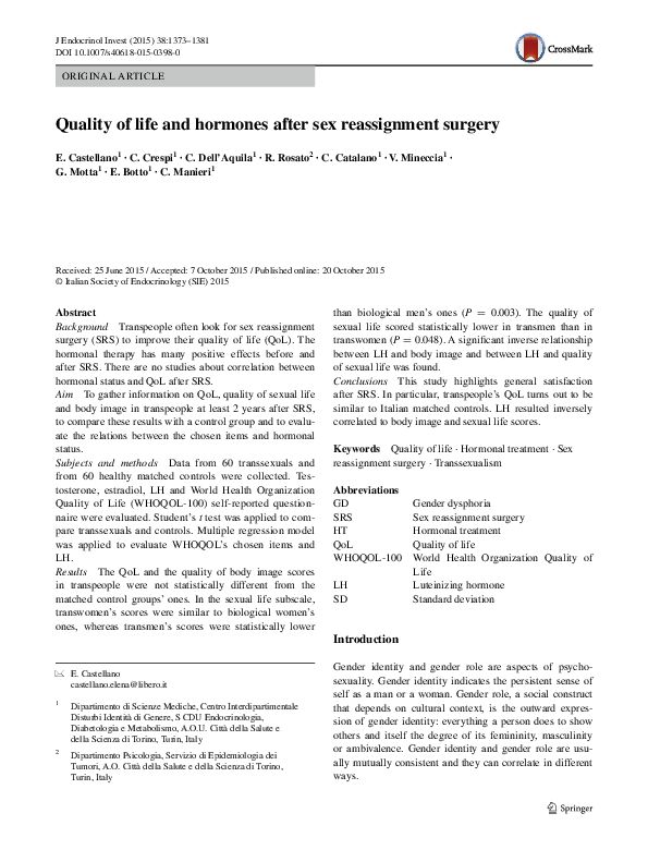 Pdf Quality Of Life And Hormones After Sex Reassignment Surgery