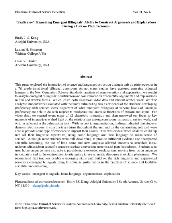 Pdf Explicame Examining Emergent Bilinguals Ability To Construct Arguments And Explanations