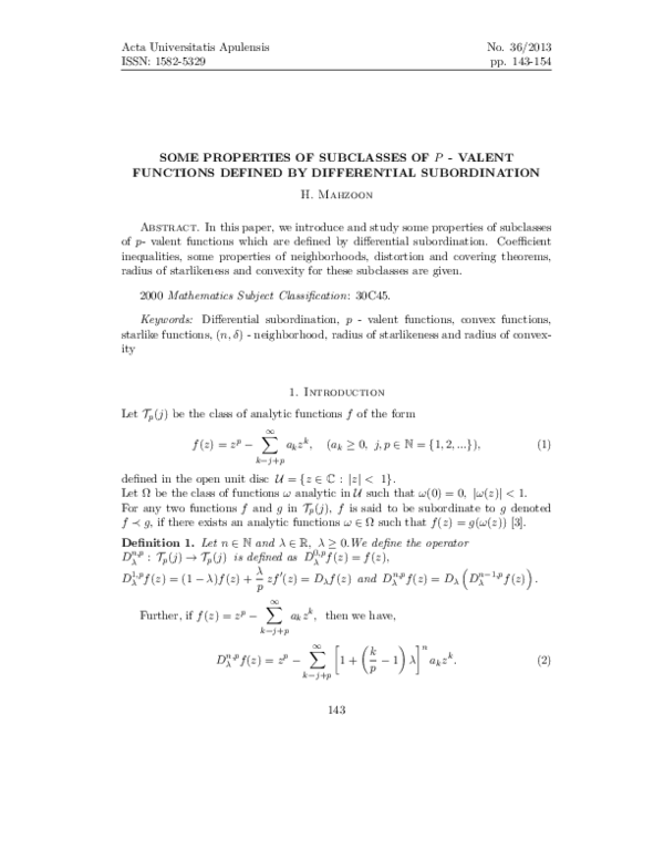 Pdf Some Properties Of Subclasses Of P Valent Functions Defined By Differential Subordination