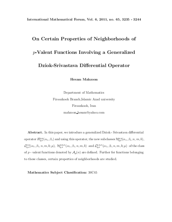 (PDF) On Certain Properties of Neighborhoods of p-Valent Functions ...