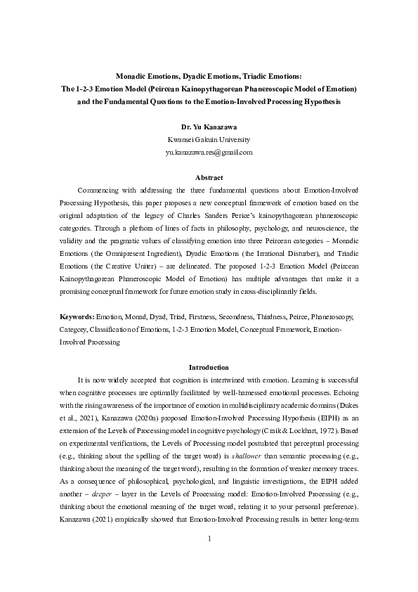 (PDF) Monadic Emotions, Dyadic Emotions, Triadic Emotions: The 1-2-3 Emotion Model (Peircean ...