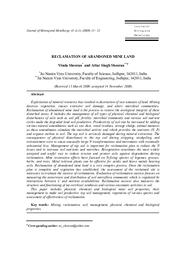 (PDF) Reclamation of abandoned mine land