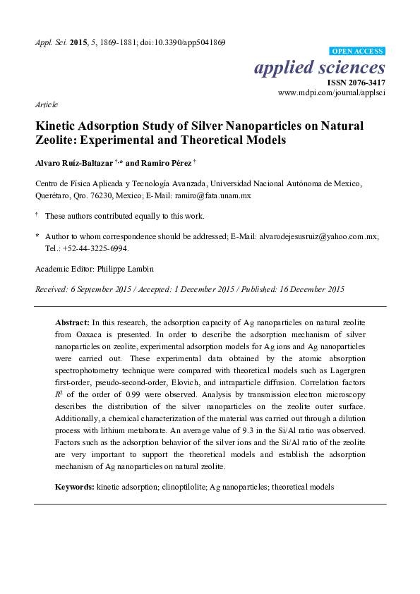 (PDF) Kinetic Adsorption Study of Silver Nanoparticles on Natural Zeolite: Experimental and ...