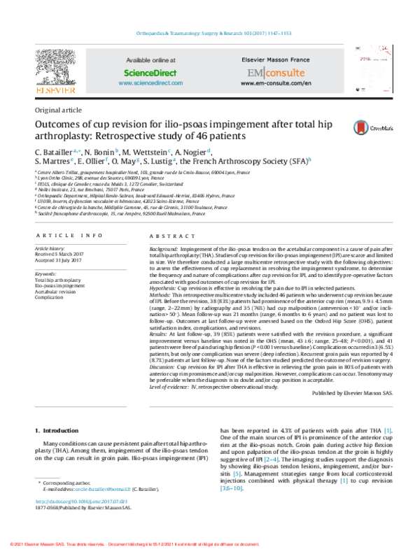 (PDF) Outcomes of cup revision for ilio-psoas impingement after total ...